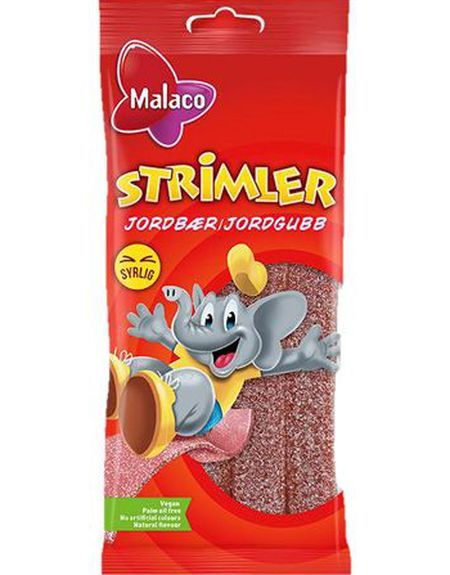 Malaco Sure Strimler - Vingummi-Bælter med Syrlig Jordbærsmag 80 gram ...