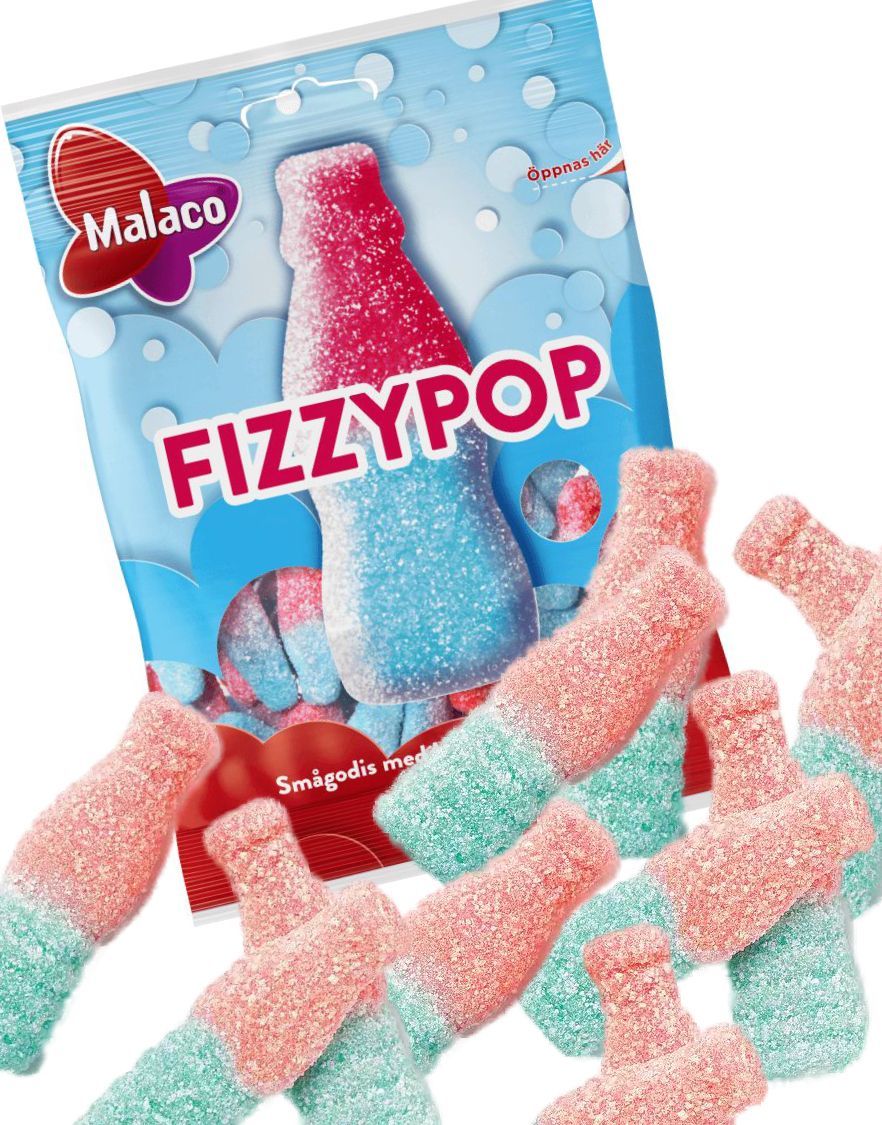 Pose med Malaco Fizzypop - Rosa og Blå Bubbelgumflasker 85 gram - Se ...