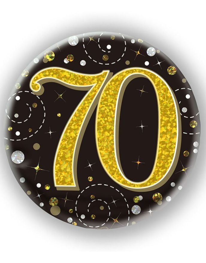70-års Fejring Sort og Guld Farvet Holografisk Stor Button/Badge ...