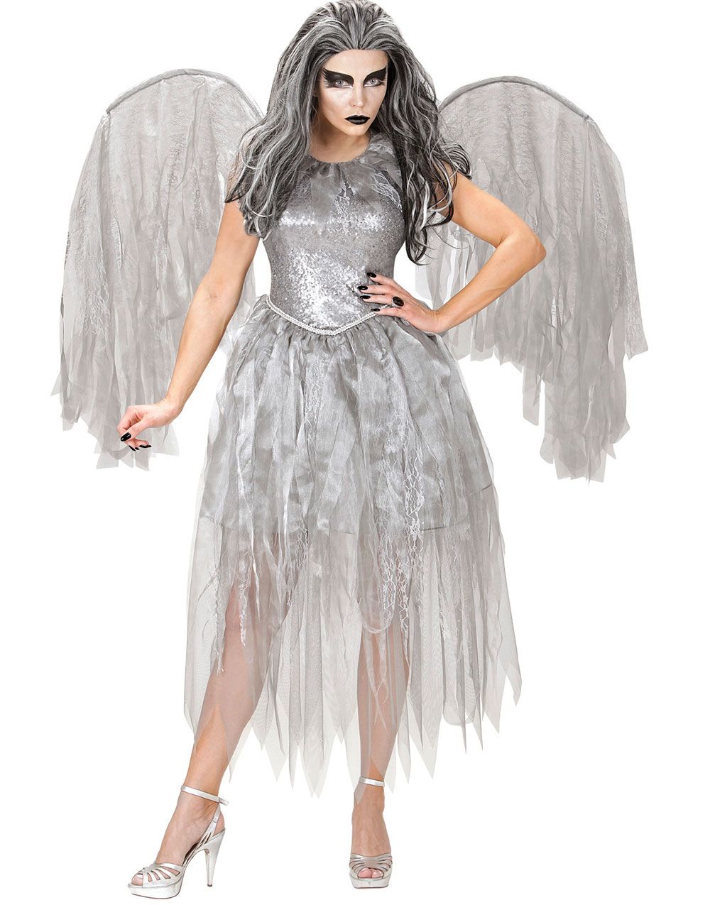 Dark Angel - Gråt Damekostume med Vinger - Reaper/Dødsengel - Kostumer ...