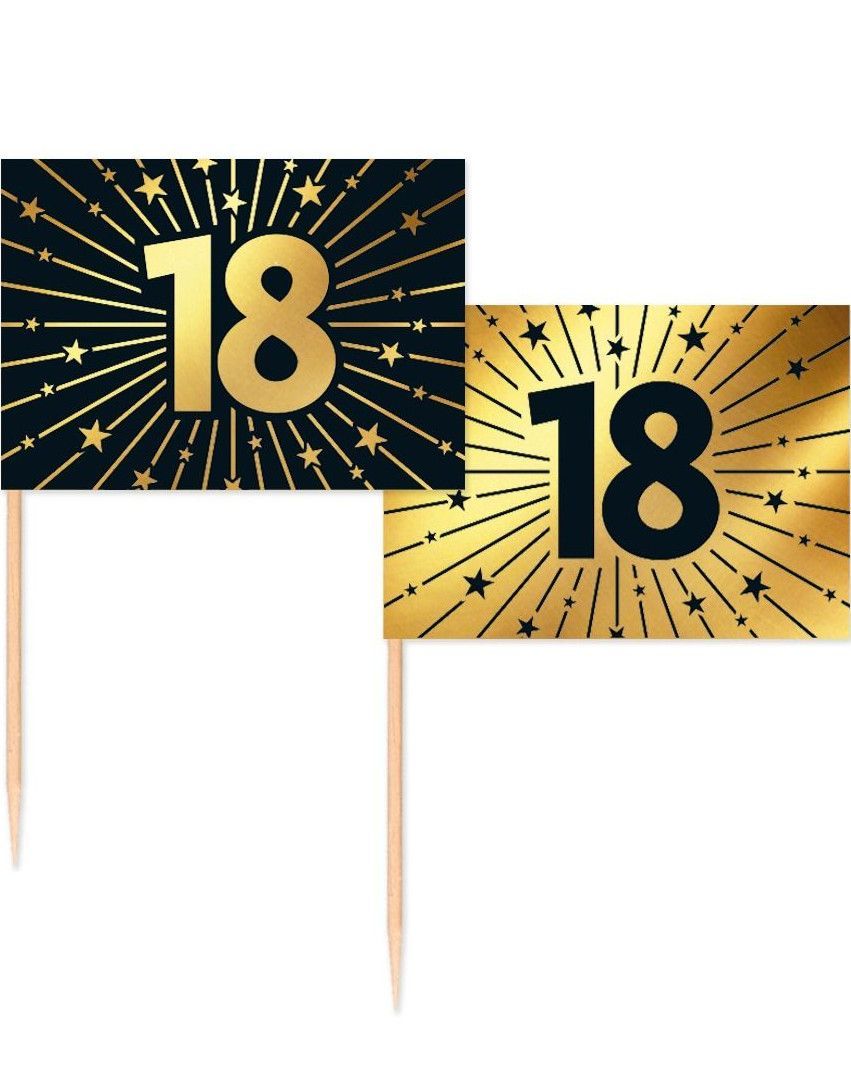 50 Stk 18 År Mad/Kageflag 6,5 cm - Sort og Guld - Cocktailpinde til Mad ...