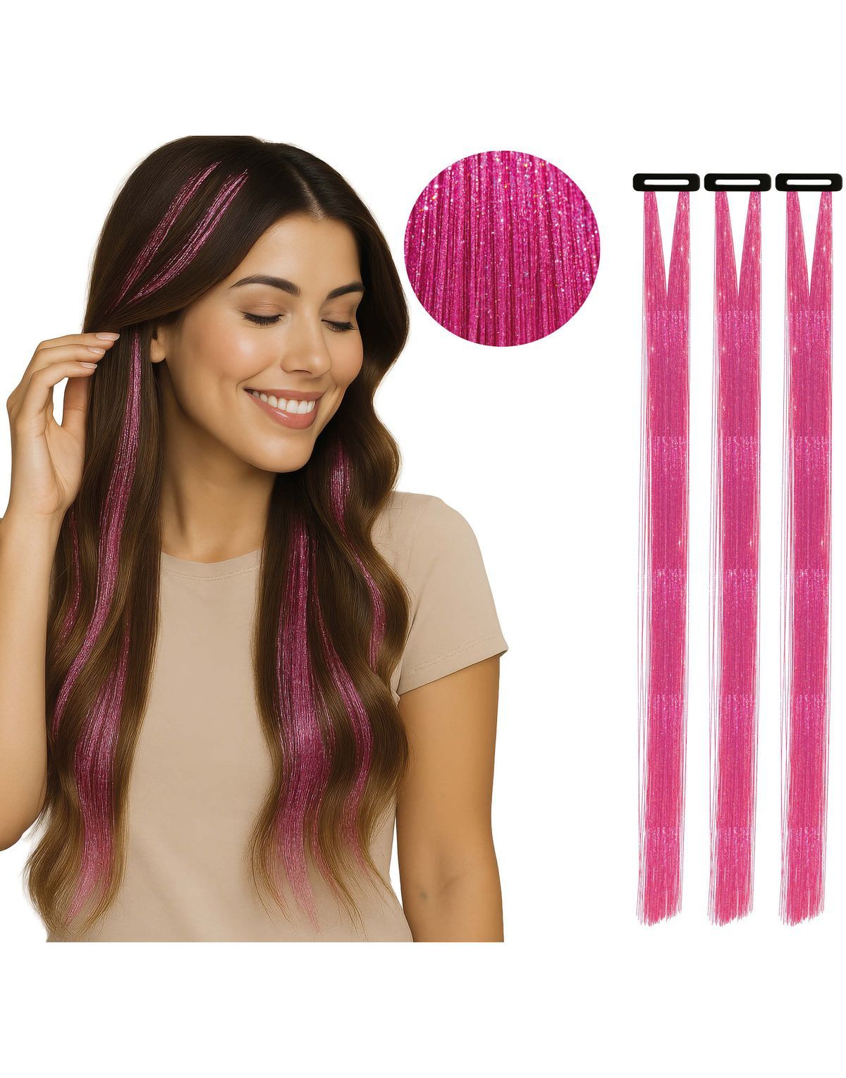 3 st Tinsel Hair Extensions 50 cm - Rosa - Rosa Parykker - Parykker ...