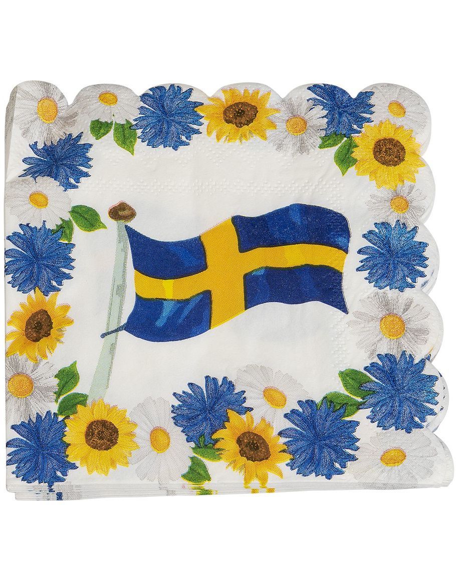 16 stk. Hvide Servietter med Blomster og det Svenske flag 33x33 cm - Se ...