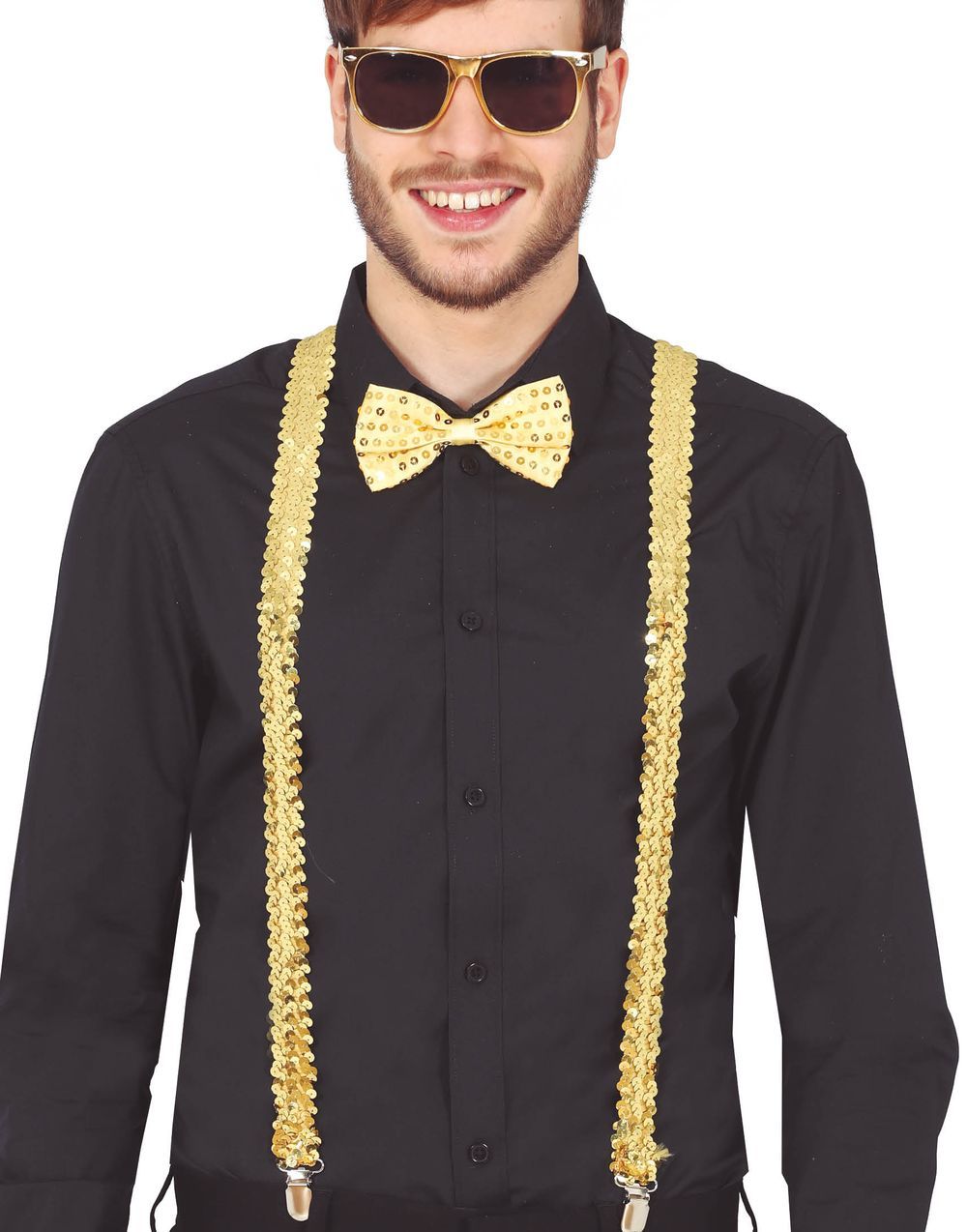 Guldglitrende Kostumesæt med Sløjfe, Bukseseler og Briller - Kostumesæt ...