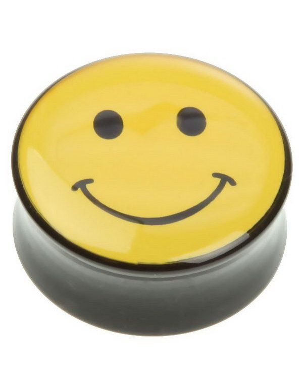 Svart Piercing med Gul Smiley og andre Akryl Plugger