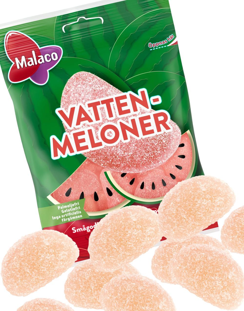 Pose med Malaco Vandmeloner - Sure og Søde Vingummibider 90 gram - Se ...