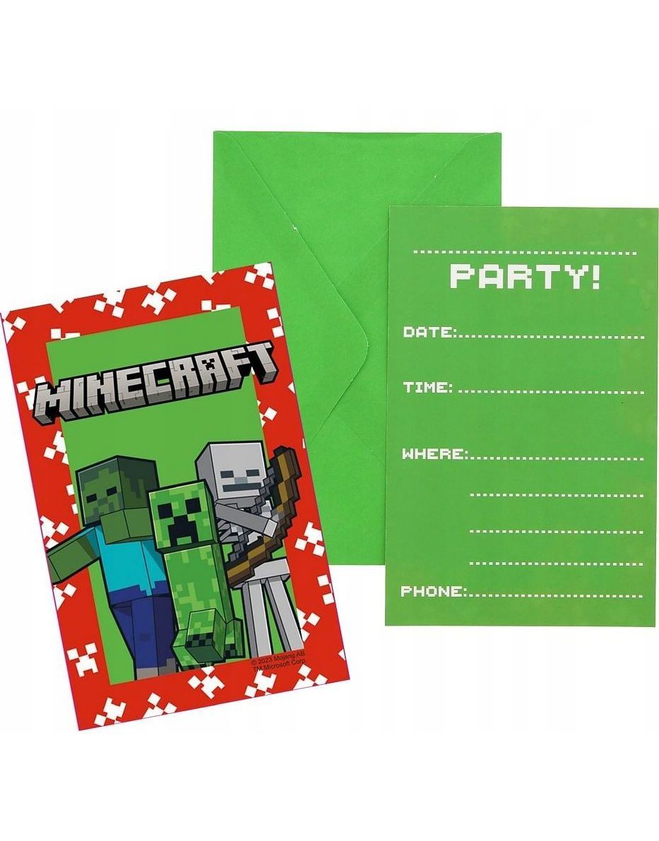 6 stk Invitationer med Konvolutter - Minecraft Party - Invitationer ...